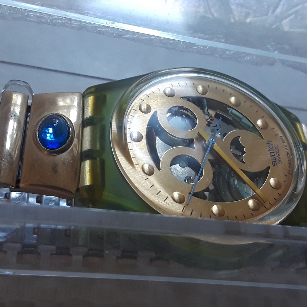 Swatch Vintage Watch Gold Blue Precious Stones - Gem